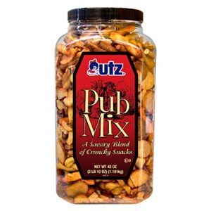 utz pub mix, 42 oz. barrel, savory snack mix with a blend of crunchy flavors for a tasty party snack, resealable container, trans-fat free and kosher certified