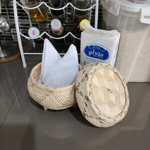 Heavens Tvcz Professional Basket Bamboo Wickerwork Thai Traditional Rice Sticky Steamer Eco-Friendly with Lid Sticky Rice Cooker Steamer Home Electric Cooker Safe Free Cloth 2 Pcs for Asian Food