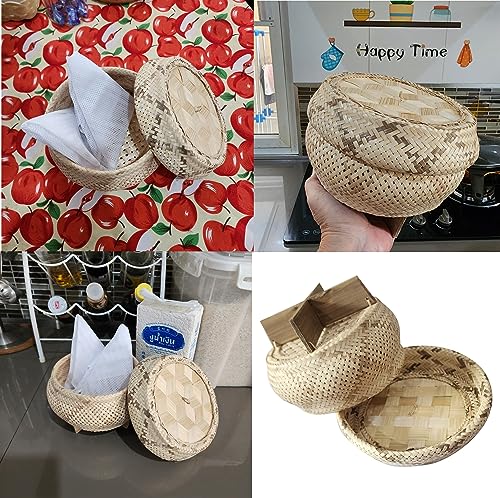 Heavens Tvcz Professional Basket Bamboo Wickerwork Thai Traditional Rice Sticky Steamer Eco-Friendly with Lid Sticky Rice Cooker Steamer Home Electric Cooker Safe Free Cloth 2 Pcs for Asian Food