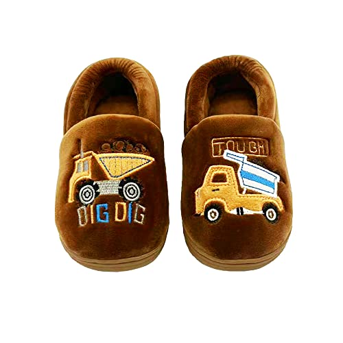 Kids Toddler Boys Excavator Slippers Truck Winter Warm Anti-Slip Indoor Home Shoes (Khaki, 1-2 Little Kid, numeric_1)