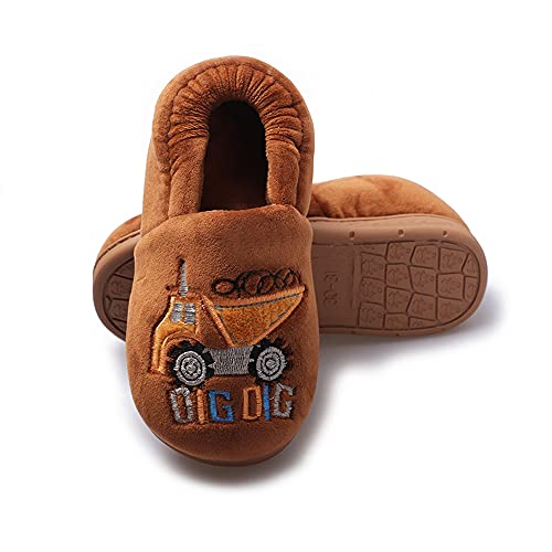 Kids Toddler Boys Excavator Slippers Truck Winter Warm Anti-Slip Indoor Home Shoes (Khaki, 1-2 Little Kid, numeric_1)