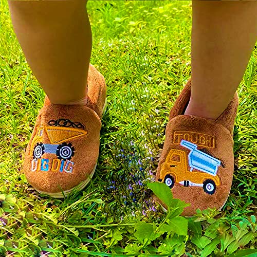 Kids Toddler Boys Excavator Slippers Truck Winter Warm Anti-Slip Indoor Home Shoes (Khaki, 1-2 Little Kid, numeric_1)