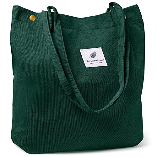 Ndeno Women Tote Bags Grocery Shoulder Bag Corduroy with Inner Pocket for Work Beach Lunch Travel Shopping Shopper Handbags (Green)