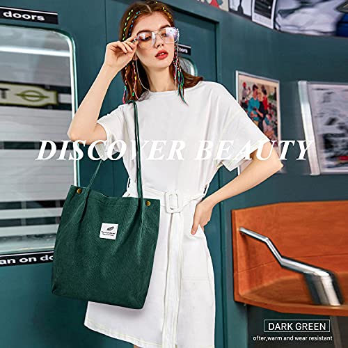 Ndeno Women Tote Bags Grocery Shoulder Bag Corduroy with Inner Pocket for Work Beach Lunch Travel Shopping Shopper Handbags (Green)