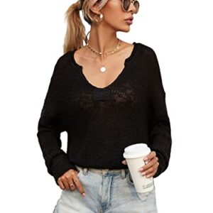 Anna-Kaci Women's V Neck Knit Pullover Sweaters Long Sleeve Distressed Casual Chunky Tunic Shirts, Black, Medium