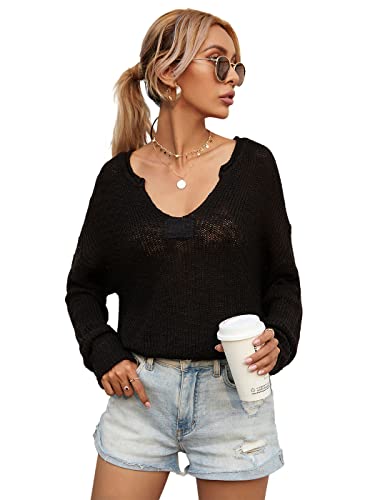 Anna-Kaci Women's V Neck Knit Pullover Sweaters Long Sleeve Distressed Casual Chunky Tunic Shirts, Black, Medium