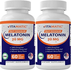 2 pack high potency melatonin 20mg tablets | vegetarian, non-gmo, gluten free | 60 fast dissolve tablets | natural berry flavor |