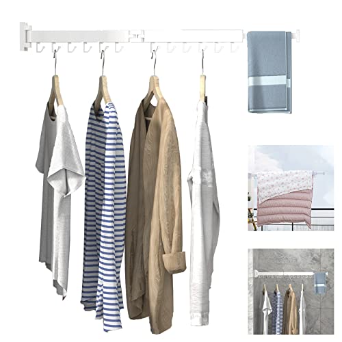 ptlsy Wall Mounted Portable Folding Clothes Drying Rack with Hooks,Space Saver Clothes Hangers Design Universal for Balcony, Mudroom, Bedroom, Kitchen, Foldable Laundry Rack (2-Pole White)