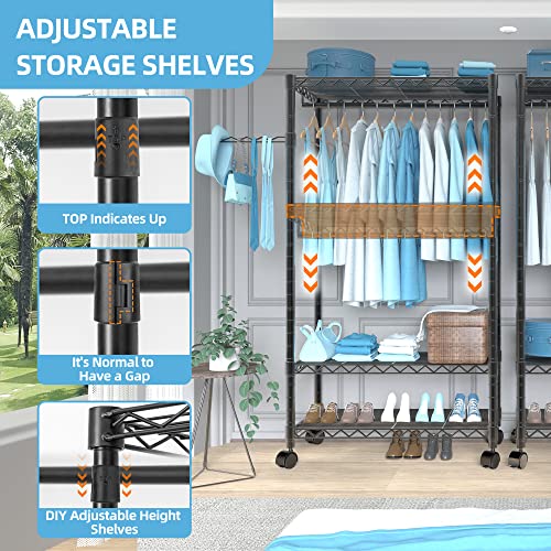 PUNION Heavy Duty Clothing Garment Rack, Freestanding Clothing Rack, Portable Closet Wardrobe with 3 Adjustable Wire shelves 1 Side Hook and 1 Clothe Rod for Hanging Clothes, Black