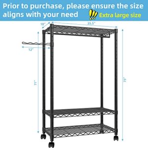 PUNION Heavy Duty Clothing Garment Rack, Freestanding Clothing Rack, Portable Closet Wardrobe with 3 Adjustable Wire shelves 1 Side Hook and 1 Clothe Rod for Hanging Clothes, Black