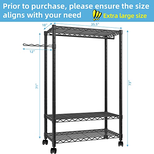 PUNION Heavy Duty Clothing Garment Rack, Freestanding Clothing Rack, Portable Closet Wardrobe with 3 Adjustable Wire shelves 1 Side Hook and 1 Clothe Rod for Hanging Clothes, Black