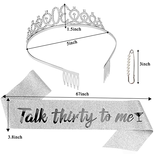 30th Birthday Sash & Rhinestone Tiara Kit- Happy 30th Birthday Gifts for Women 30th Birthday Party Decorations (silver)