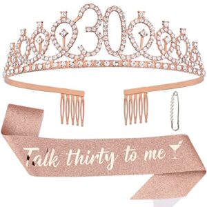 semato 30th birthday sash & rhinestone tiara kit- happy 30th birthday gifts for her 30th birthday decorations for women (rose gold)