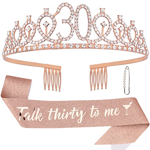 Semato 30th Birthday Sash & Rhinestone Tiara Kit- Happy 30th Birthday Gifts for Her 30th Birthday Decorations for Women (rose gold)