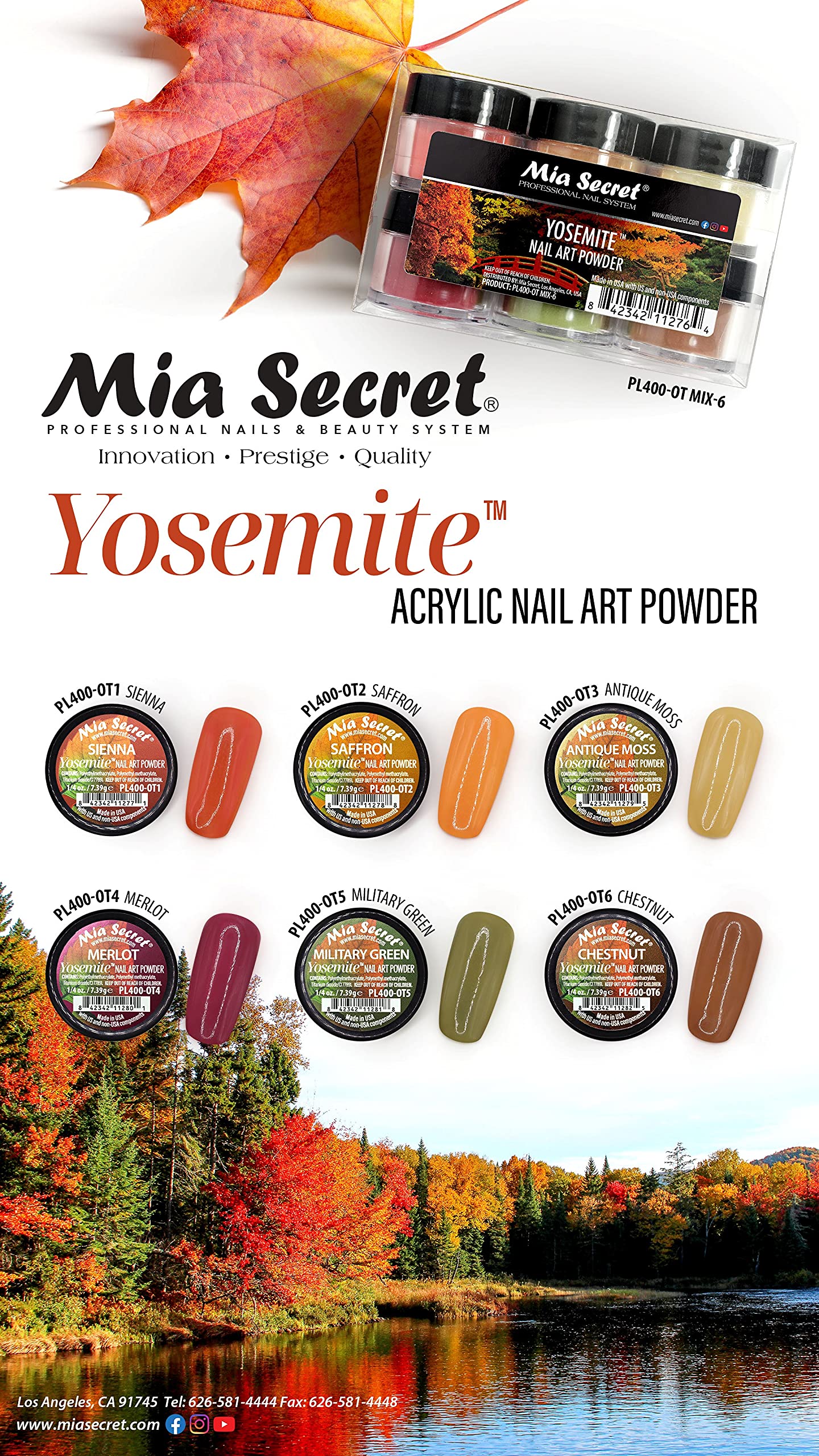 Mia Secret Acryli Powder Collection - Yosemite, 6PCS - Dip Acrylic Powders - Autum/Fall Colors for Acrylic Nails - 6 Piece Acrylic Powders kit - Polvos Acrilicos de Uñas con Colores de Otoño