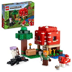 lego minecraft the mushroom house set, 21179 building toy for kids age 8 plus, gift idea with alex, mooshroom & spider jockey figures