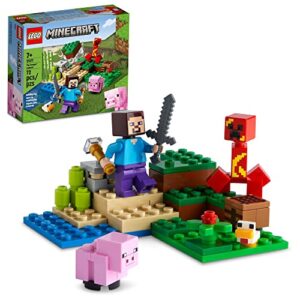 lego minecraft the creeper ambush building toy 21177, pretend play zombie battle, ore mining and animal care with steve, baby pig & chicken minifigures, gift for kids, boys and girls age 7+ years old