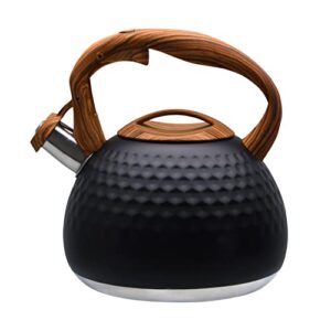 ggc tea kettle for stove top, loud whistling kettle for boiling water coffee or milk, 2.7 quart 3l heavy stainless steel black kettle with wood pattern handle, unique button control kettle outlet