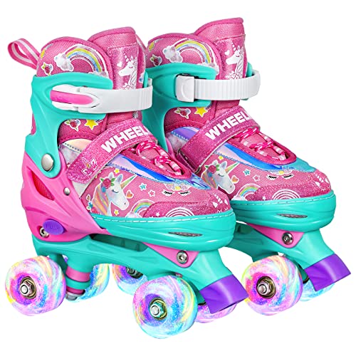 Wheelkids Roller Skates for Girls Ages 10-12, Pink Unicorn Adjustable Rollerskates Youth Beginners 4 Sizes with Light Up Wheels