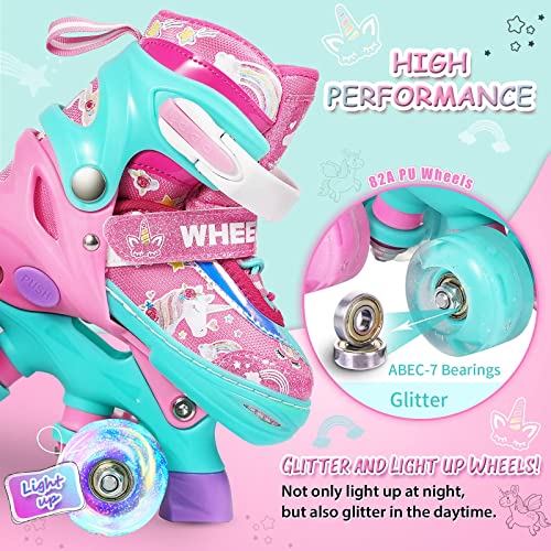 Wheelkids Roller Skates for Girls Ages 10-12, Pink Unicorn Adjustable Rollerskates Youth Beginners 4 Sizes with Light Up Wheels