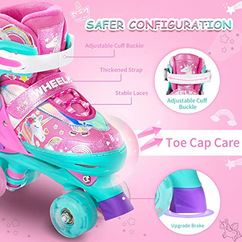 Wheelkids Roller Skates for Girls Ages 10-12, Pink Unicorn Adjustable Rollerskates Youth Beginners 4 Sizes with Light Up Wheels