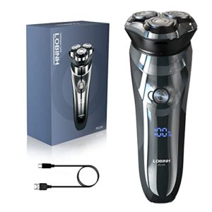 lobinh electric shaver for men, 100% washable rotary shaver, rechargeable waterproof electric razor wet & dry shaving with pop-up trimmer, 1 hour fast charging, 4d floating head, lcd power indicator