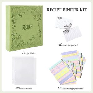 COFICE Recipe Book to Write in Your Own Recipes, 8.5x9.5 Recipe Ring Binder with PU Faux Leather Cover, 4x6 Cards and Tabbed Dividers, Green