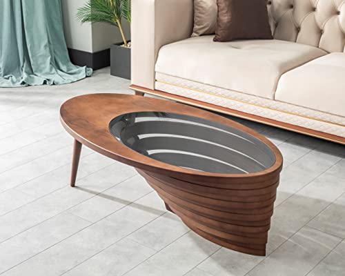 by Papella Design, Natural Walnut Veener Coffee Tables for Living Room, Rustic Table, Mesa De Centro para Sala, Center Table, Glass Table top, Walnut Color, (Drop)