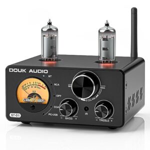 douk audio st-01 200w bluetooth amplifier, 2 channel vacuum tube power amp with usb dac/coaxial optical inputs/vu meter/treble bass control for home theater/stereo speakers (upgrade version)