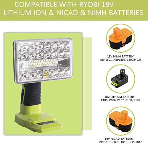 YEX-BUR Cordless LED Work Light for Ryobi 18-Volt ONE + Lithium Ion NiCd NiMh Batteries P108, 18W 2000LM Power LED Spotlight Handheld Flashlight Portable Jobsite Light with 110 Degree Pivoting Head