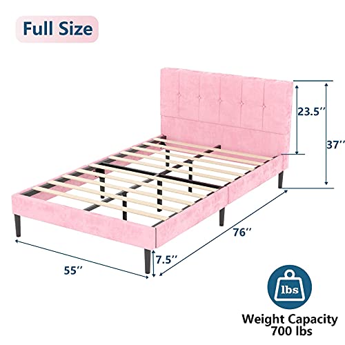 Full Size Fabric Upholstered Platform Bed Frame with Button Tufted Stitched Headboard, Mattress Foundation with Metal Wood Slat Support, No Box Spring Needed, Noise Free Design, Easy Assembly, Pink