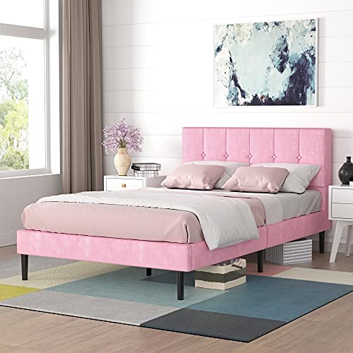 Full Size Fabric Upholstered Platform Bed Frame with Button Tufted Stitched Headboard, Mattress Foundation with Metal Wood Slat Support, No Box Spring Needed, Noise Free Design, Easy Assembly, Pink