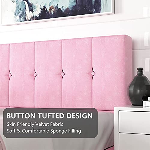 Full Size Fabric Upholstered Platform Bed Frame with Button Tufted Stitched Headboard, Mattress Foundation with Metal Wood Slat Support, No Box Spring Needed, Noise Free Design, Easy Assembly, Pink