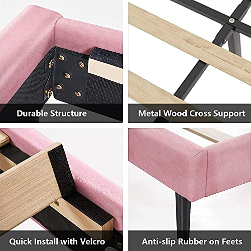 Full Size Fabric Upholstered Platform Bed Frame with Button Tufted Stitched Headboard, Mattress Foundation with Metal Wood Slat Support, No Box Spring Needed, Noise Free Design, Easy Assembly, Pink