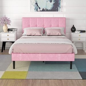 Full Size Fabric Upholstered Platform Bed Frame with Button Tufted Stitched Headboard, Mattress Foundation with Metal Wood Slat Support, No Box Spring Needed, Noise Free Design, Easy Assembly, Pink