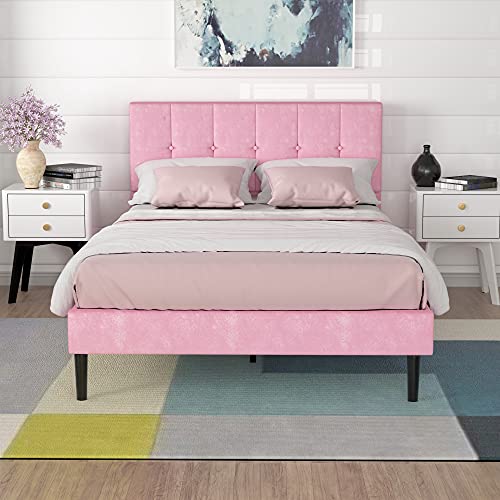 Full Size Fabric Upholstered Platform Bed Frame with Button Tufted Stitched Headboard, Mattress Foundation with Metal Wood Slat Support, No Box Spring Needed, Noise Free Design, Easy Assembly, Pink