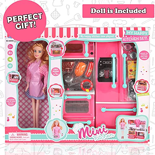 Doll Size Pink Gourmet Kitchen Cooking Toy Play Set | Play House & Accessories with Doll | Girls Pretend Play Furniture Appliances with Lights & Sound