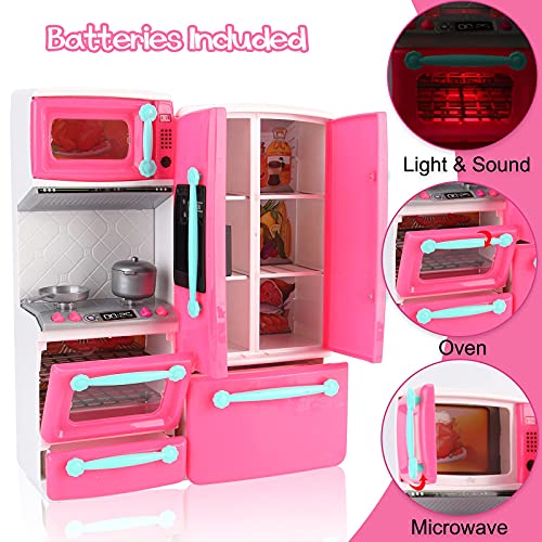 Doll Size Pink Gourmet Kitchen Cooking Toy Play Set | Play House & Accessories with Doll | Girls Pretend Play Furniture Appliances with Lights & Sound