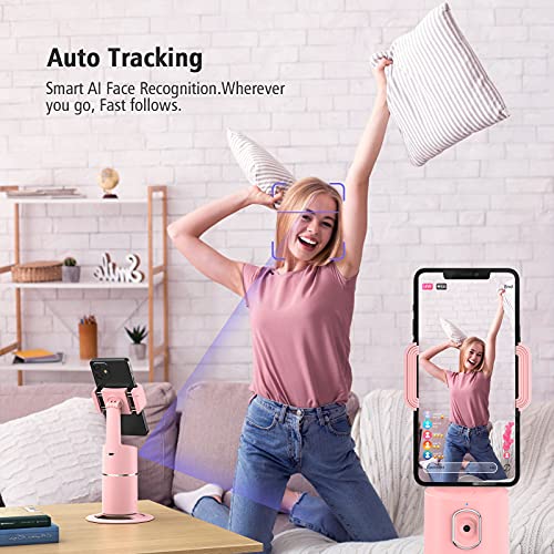 Auto Face Tracking Phone Holder, No App Required, 360° Rotation Face Body Phone Tracking Tripod Smart Shooting Camera Mount for Live Vlog Streaming Video, Rechargeable Battery-Pink