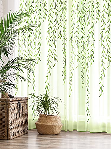 Willow Voile Curtains Cute Green Sheers Leaf Curtain Tulle Vine Window Curtains Nursery Green Sheers Ivy Pretty Curtain for Kids Living Room Bedroom Window Door Balcony (2 Pieces,39.4 x 78.7 Inch)