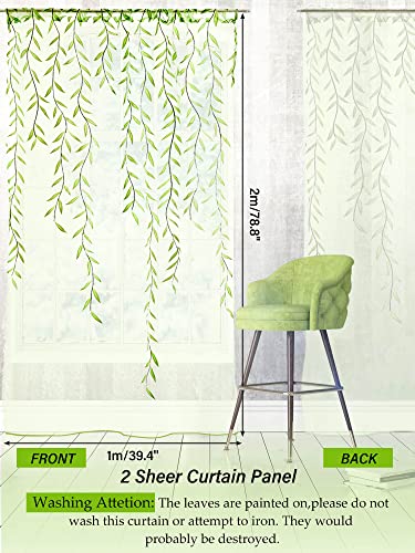 Willow Voile Curtains Cute Green Sheers Leaf Curtain Tulle Vine Window Curtains Nursery Green Sheers Ivy Pretty Curtain for Kids Living Room Bedroom Window Door Balcony (2 Pieces,39.4 x 78.7 Inch)