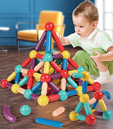 RITONS 64 PCS Magnetic Balls and Rods Building Sticks Blocks Set Vibrant Colors Different Sizes Curved Shapes Children Educational Stacking STEM Magnet Toys for Kids Age 3+