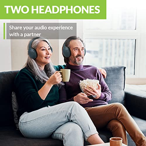 Avantree Duet - Dual Wireless Headphones for TV Watching with Transmitter/Charging Stand 2-in-1, Clear Dialogue Mode & Volume Boost for Seniors, Scalable to 100 Headphones - Blue