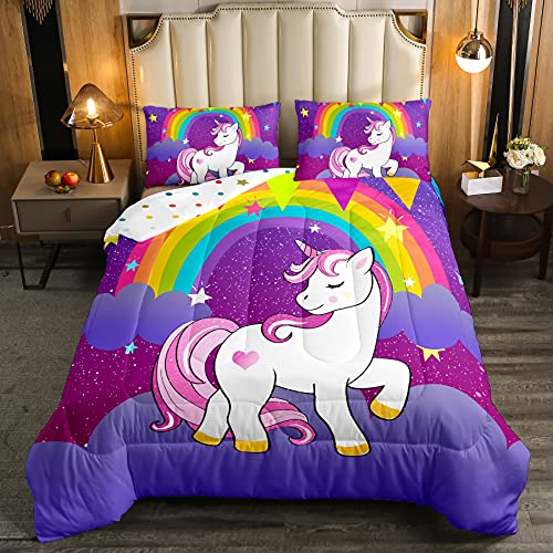 Girls Unicorn Comforter Set Twin Girls Bedding Set Cute Rainbow Unicorn Print Down Comforter Kids Cartoon Kawaii Duvet Set Galaxy Stars Fantasy Girls Room Decor Children Unicorn Reversible Purple