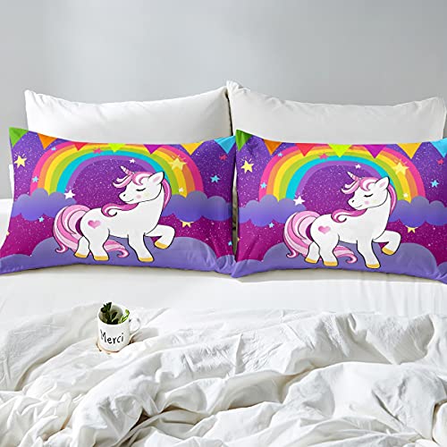 Girls Unicorn Comforter Set Twin Girls Bedding Set Cute Rainbow Unicorn Print Down Comforter Kids Cartoon Kawaii Duvet Set Galaxy Stars Fantasy Girls Room Decor Children Unicorn Reversible Purple