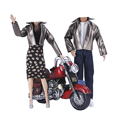 E-TING Leather Coat Suit Cool Wild Motorcycle Style Couple Clothes for 11.5 inch Girl Doll and 12 inch Boy Doll (Metallic)