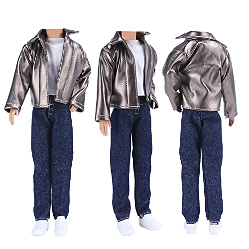 E-TING Leather Coat Suit Cool Wild Motorcycle Style Couple Clothes for 11.5 inch Girl Doll and 12 inch Boy Doll (Metallic)