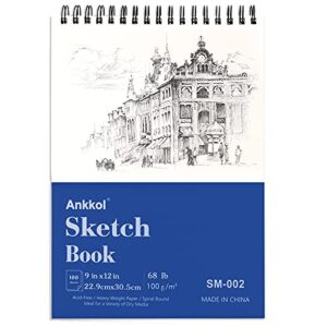 sketch book 9x12 inch, artist sketch pad, 100 sheets (68lb/100gsm) spiral bound sketchbook, acid-free drawing paper pad, art supplies for colored and graphite pencils, charcoal, & soft pastel.