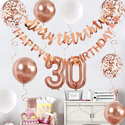 Rose Gold Dirty Thirty Happy 30th Birthday Banner Garland Foil Balloon 30 for Womens 30th Birthday Decorations Hanging Dirty Thirty 30 Year Old 30 Fabulous Birthday Party Supplies Backdrop for Her