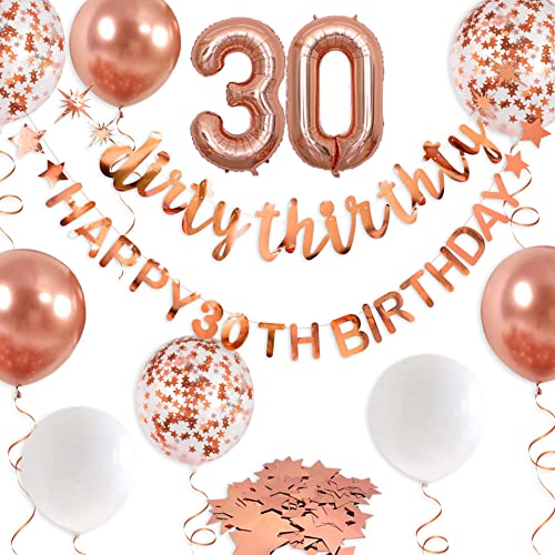 Rose Gold Dirty Thirty Happy 30th Birthday Banner Garland Foil Balloon 30 for Womens 30th Birthday Decorations Hanging Dirty Thirty 30 Year Old 30 Fabulous Birthday Party Supplies Backdrop for Her